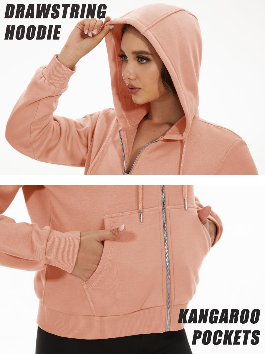 MAGCOMSEN Zip Up Hoodie Women Cropped Sweatshirt Fleece Lined Jacket Athletic Apricot L