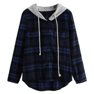 SweatyRocks Women's Casual Plaid Hoodie Shirt Long Sleeve Button-up Blouse Tops (Medium, Navy)