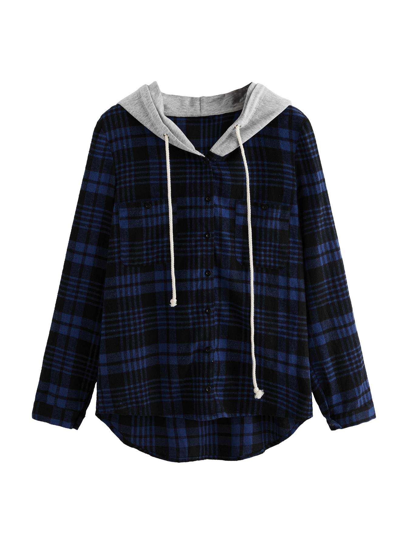 SweatyRocks Women's Casual Plaid Hoodie Shirt Long Sleeve Button-up Blouse Tops (Medium, Navy)