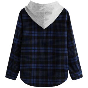 SweatyRocks Women's Casual Plaid Hoodie Shirt Long Sleeve Button-up Blouse Tops (Medium, Navy)