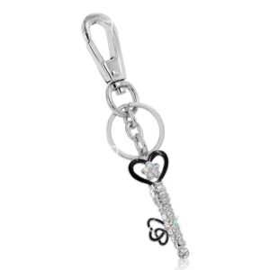 Beautiful sparkling key with hearts charm/key chain. Silver and black surrounded in crystals. Made of chrome coated solid metal that will not bend. Has a long-lasting shine.