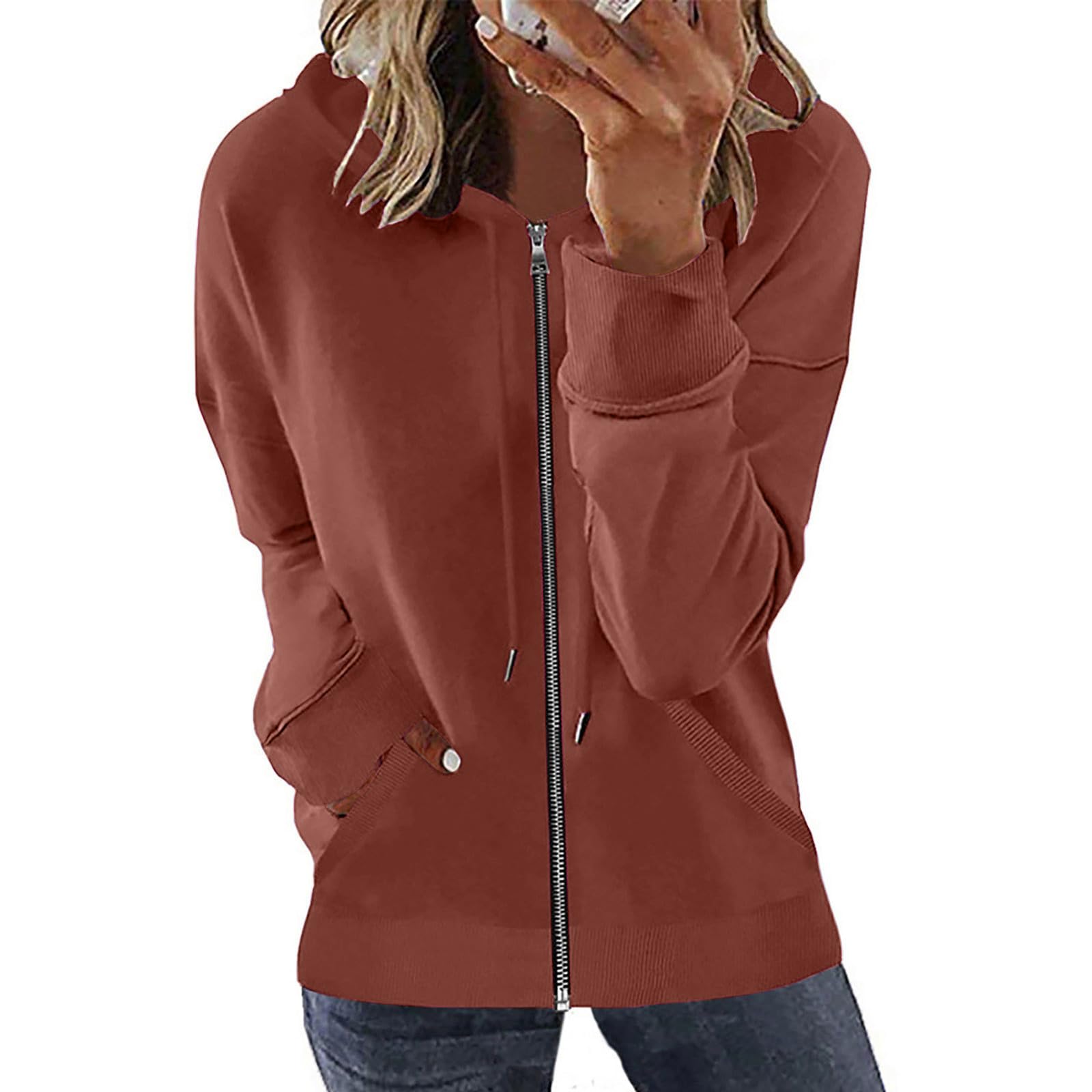 lightning deal Fall Sweatshirts For Women Womens Full Zip Up Hoodies Trendy 2023 Lightweight Fall Jackets Long Sleeve Solid Tunic Tops Hooded Zipper Sweatshirts Brown S