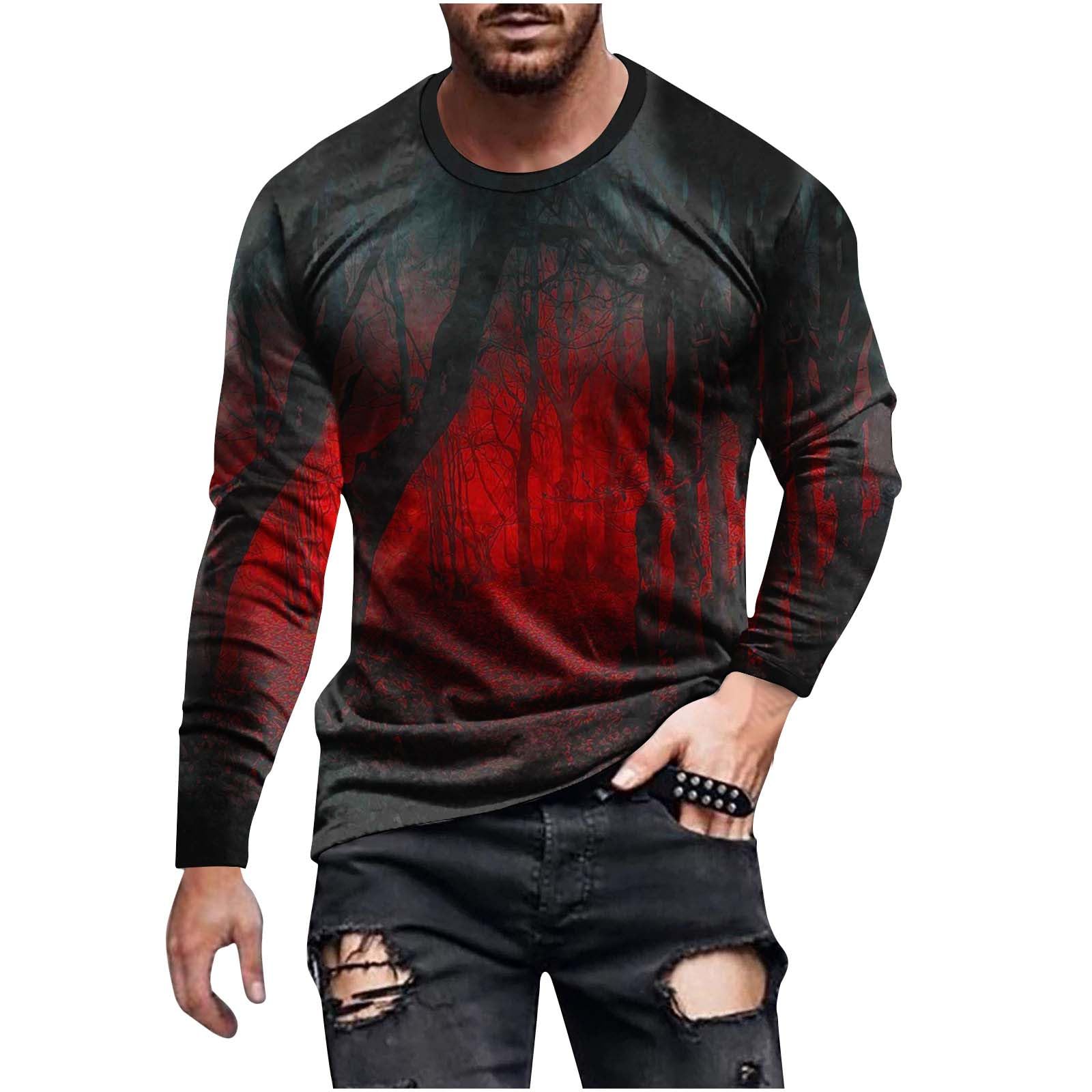 lightning deals of today Halloween Shirts for Men Long Sleeve Casual Print Graphic Tee Shirts Muscle Workout Pullover Crewneck Sweatshirts long sleeve athletic shirt men Black 4X