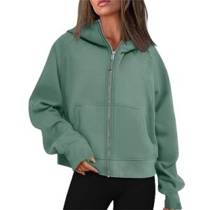 early 2023 fall outfits for women 2023 Cropped Zip up Hoodies For Women Sweatshirts Long Sleeve Collar Pullover Tops Loose Fit Casual Sweatshirt with Pocket Green M