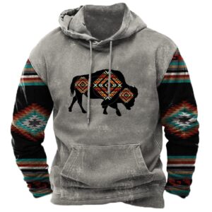 muscularfit deals of the day men sweatshirts hoodies western aztec ethnic pullover long sleeve casual drawstring shirt hooded ethnic print top men's clothing gray l