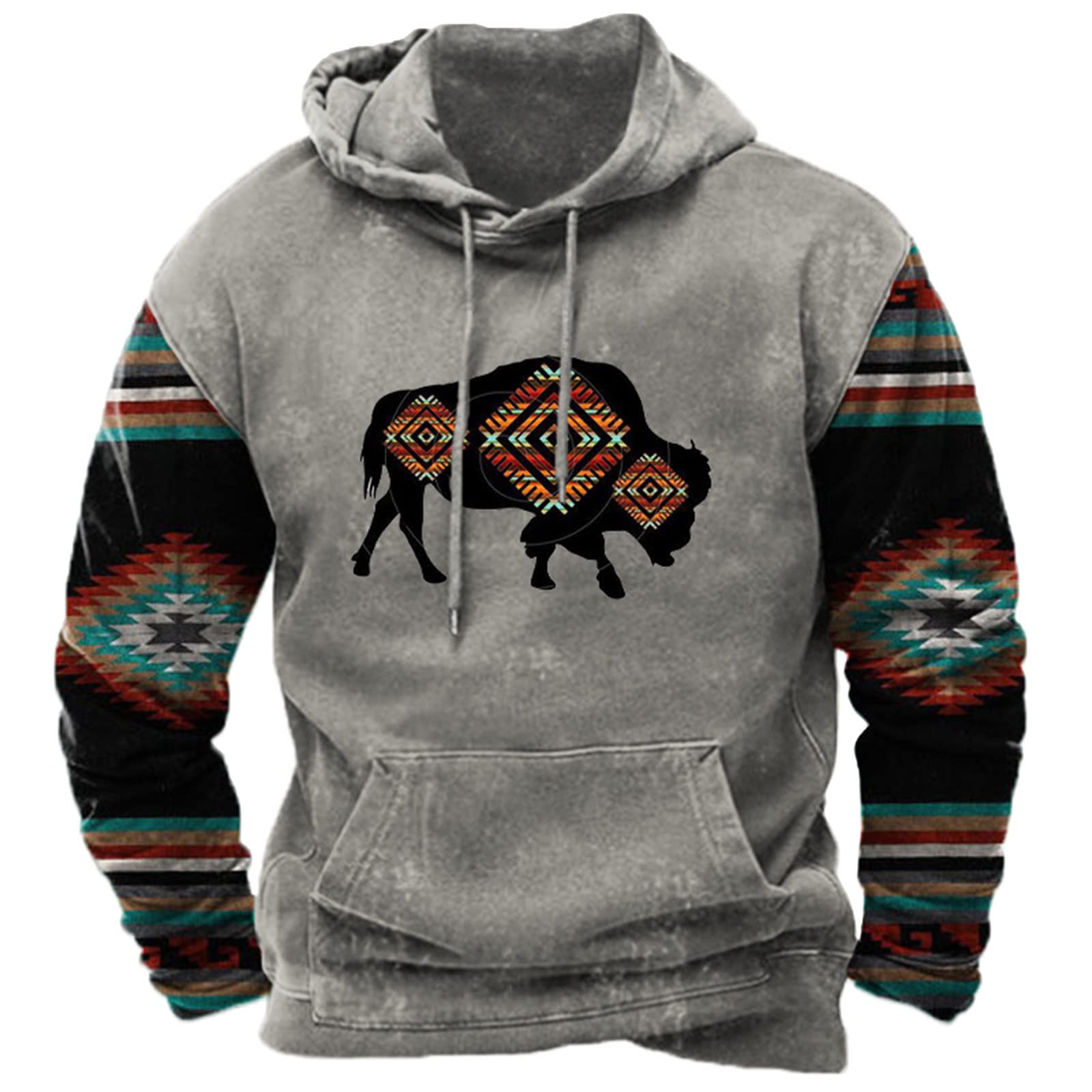 Muscularfit deals of the day Men Sweatshirts Hoodies Western Aztec Ethnic Pullover Long Sleeve Casual Drawstring Shirt Hooded Ethnic Print Top men's clothing Gray L