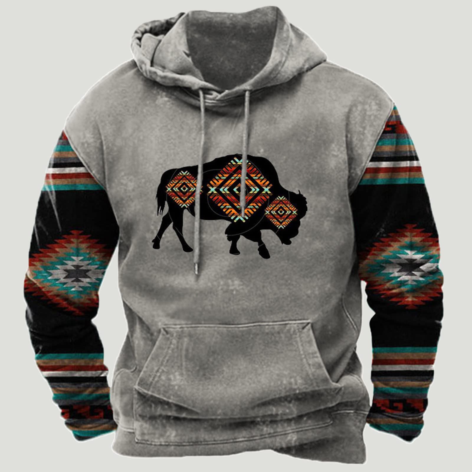 Muscularfit deals of the day Men Sweatshirts Hoodies Western Aztec Ethnic Pullover Long Sleeve Casual Drawstring Shirt Hooded Ethnic Print Top men's clothing Gray L