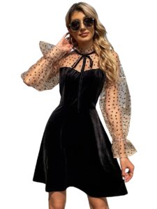 wdirara women's heart print tie neck mesh flounce long sleeve a line dress black m