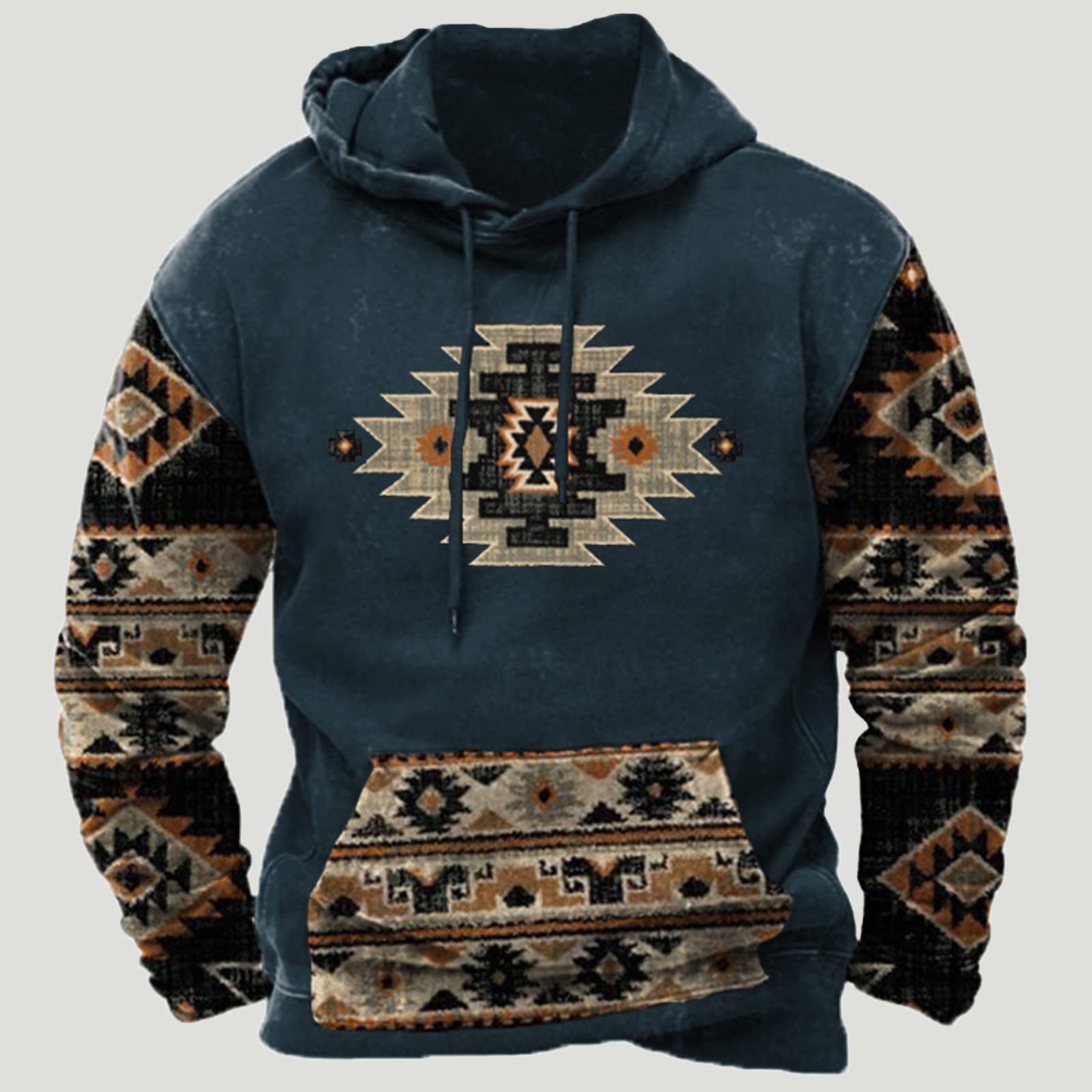 prime big deal Hoodies for Men Pullover Western Aztec Ethnic Long Sleeve Hooded Sweatshirts Casual Ethnic Print Graphic Hoodie halloween hoodies for men big and tall Navy 2X