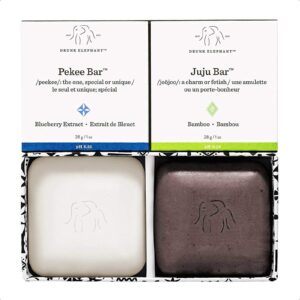 drunk elephant baby juju and baby pekee bar soap travel case. exfoliating face wash and moisturizing bar cleansers. 1 ounce each. travel duo.