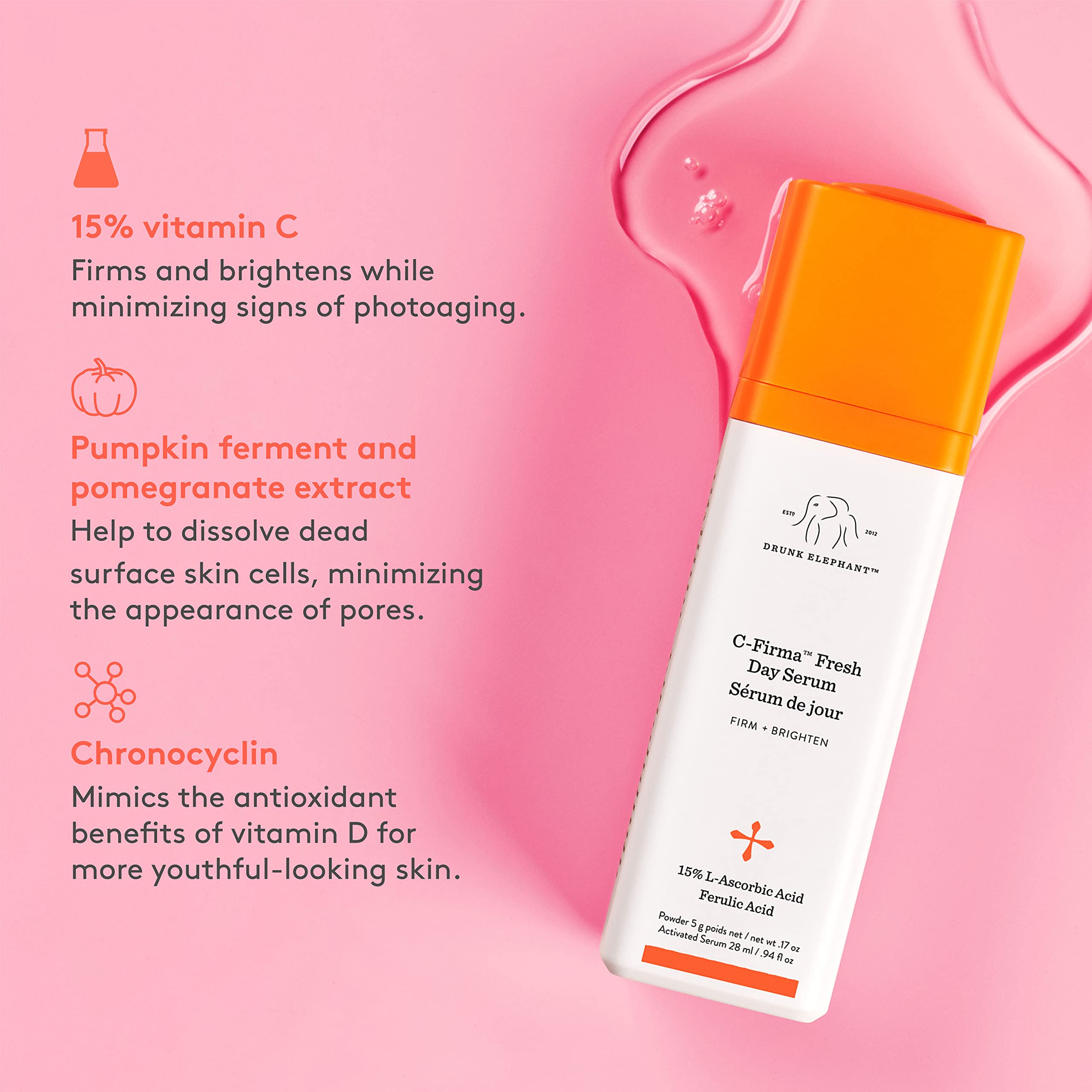 Drunk Elephant C-Firma Day Serum. Brightening and Tightening Face Serum with 15 Percent Ascorbic Acid (1 Oz / 30 mL)