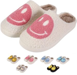 lezirtoi retro fuzzy face slippers for women men， womens girls cute yellow the lable face house slippers for indoor outdoor pink/white/black/blue (pink.43/44)