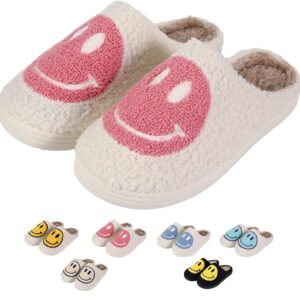 LEZIRTOI Retro Fuzzy Face Slippers for Women men， Womens Girls Cute Yellow the Lable Face House Slippers for Indoor Outdoor Pink/White/Black/Blue (pink.43/44)