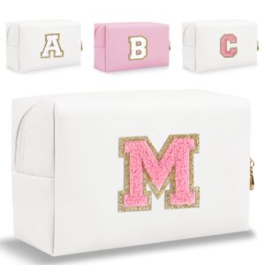 small personalized letter makeup bag, cute pu leather chenille letters cosmetic bag travel makeup bag, preppy makeup pouch travel organizer zipper pouch organizer for women and girls(whitepink-m)