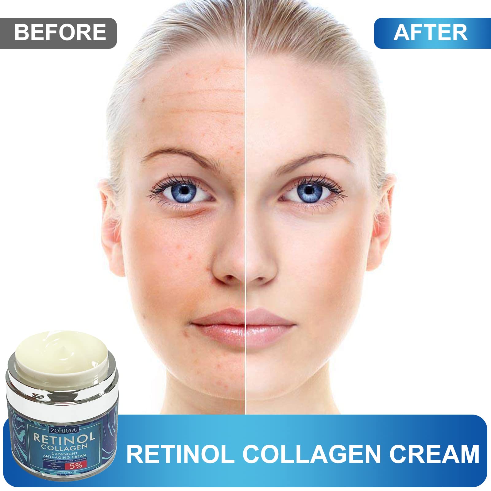 Retinol Cream for Face - Facial Moisturizer with Collagen and Hyaluronic Acid, Anti-Wrinkle Reduce Fine Lines Vitamin C+E Natural-Ingredient Day Night Anti-Aging For Women Men