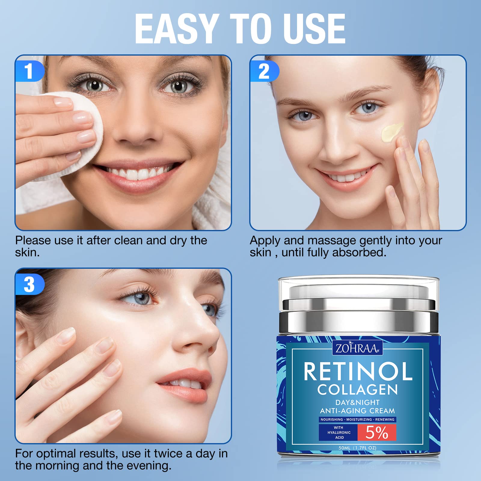 Retinol Cream for Face - Facial Moisturizer with Collagen and Hyaluronic Acid, Anti-Wrinkle Reduce Fine Lines Vitamin C+E Natural-Ingredient Day Night Anti-Aging For Women Men