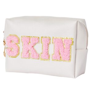 burskit preppy patch skincare bags travel makeup bag varsity letter cosmetic toiletry cute bag for teen girls pu leather portable zipper pouch storage purse waterproof organizer (shell gold)