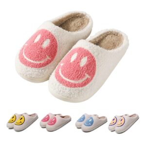 facaxedre soft house slippers for women,smile face slippers,womens plush comfy girl smile slippers,pink smile face slides,slippers unisex indoor outoor,furry slippers size 5-6