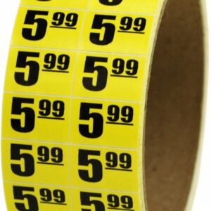 $5.99 In-Store Use Bright Yellow Labels - 3/4" x 1/2" - Roll of 1000 #MSLW3405