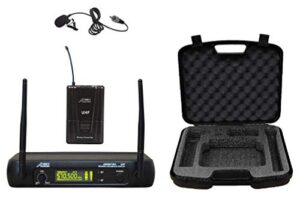 audio 2000s s6073m uhf wireless lavalier microphone system with balanced xlr and 1/4-inch outputs, volume control, and hard pvc carrying case