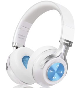 riwbox over ear headphones wireless bluetooth, 90h playtime xbt-880 wireless bluetooth headphones with mic and vol. control, wireless and wired foldable headset for tablet/pc/phones/tv (white&blue)