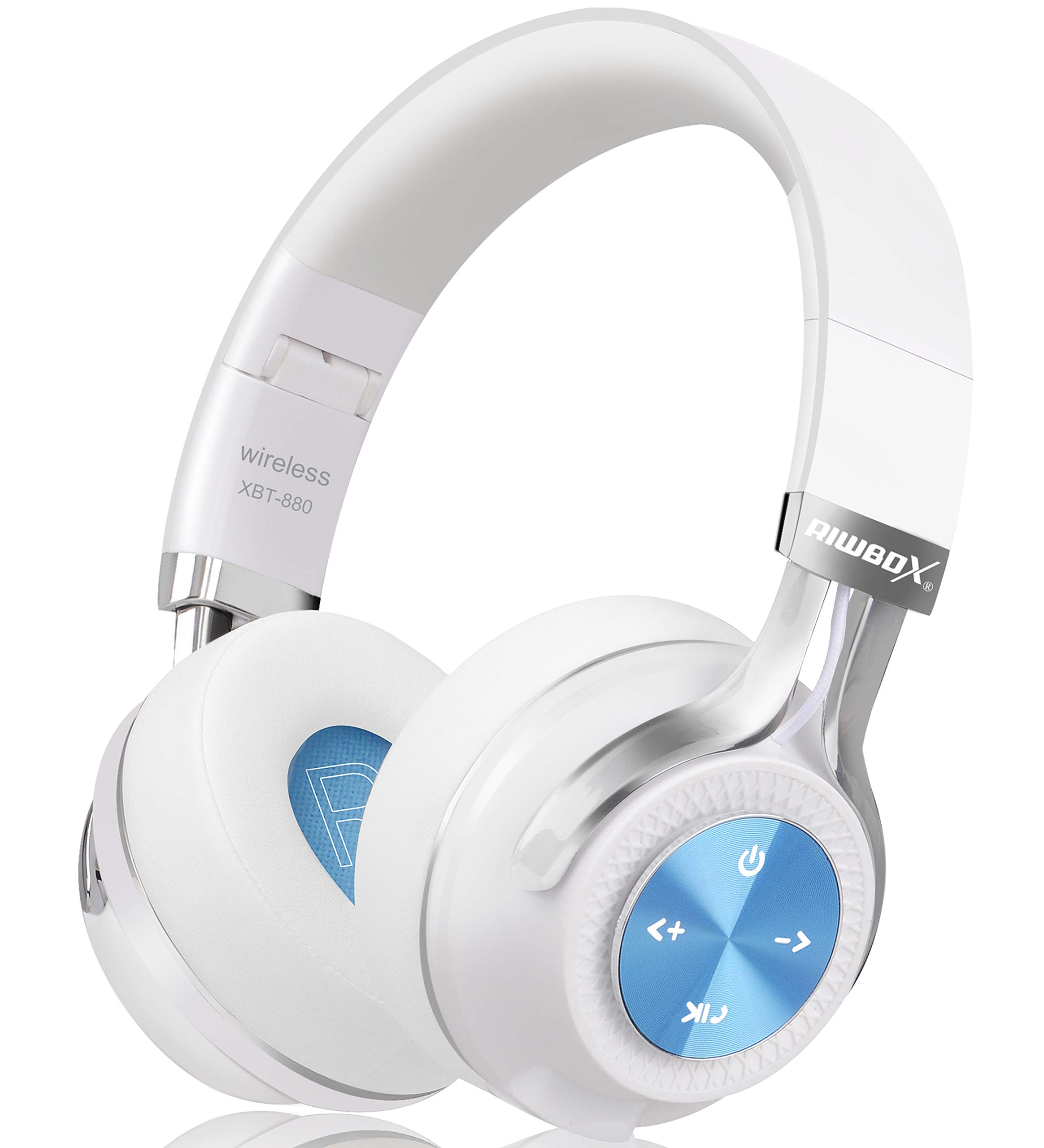 Riwbox Over Ear Headphones Wireless Bluetooth, 90H Playtime XBT-880 Wireless Bluetooth Headphones with Mic and Vol. Control, Wireless and Wired Foldable Headset for Tablet/PC/Phones/TV (White&Blue)