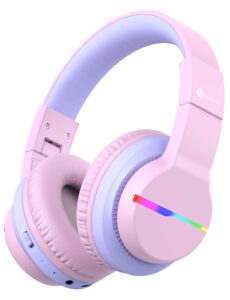 iclever bth12 kids bluetooth headphones,colorful led lights wireless kids headphones,74/85/94db volume limited,55h playtime,bluetooth 5.2,over ear headphones built-in mic for ipad/tablet/airplane,pink