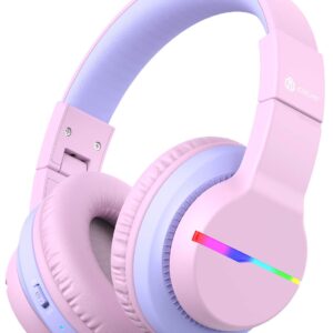 iClever BTH12 Kids Bluetooth Headphones,Colorful LED Lights Wireless Kids Headphones,74/85/94dB Volume Limited,55H Playtime,Bluetooth 5.2,Over Ear Headphones Built-in Mic for iPad/Tablet/Airplane,Pink