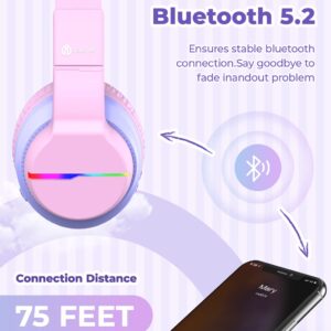 iClever BTH12 Kids Bluetooth Headphones,Colorful LED Lights Wireless Kids Headphones,74/85/94dB Volume Limited,55H Playtime,Bluetooth 5.2,Over Ear Headphones Built-in Mic for iPad/Tablet/Airplane,Pink