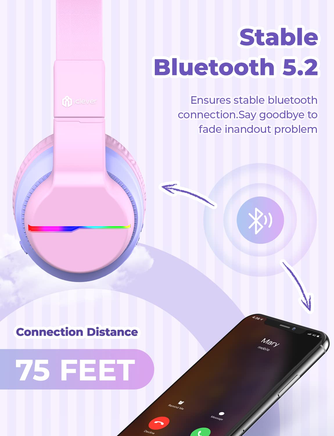 iClever BTH12 Kids Bluetooth Headphones,Colorful LED Lights Wireless Kids Headphones,74/85/94dB Volume Limited,55H Playtime,Bluetooth 5.2,Over Ear Headphones Built-in Mic for iPad/Tablet/Airplane,Pink