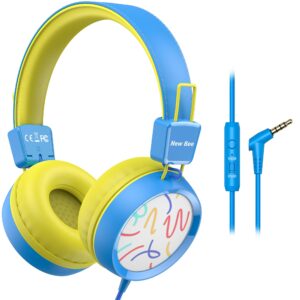 new bee kids headphones for school with microphone kh20 hd stereo safe volume limited 85db/94db foldable lightweight on-ear headphone for pc/mac/android/kindle/tablet/pad(blue)