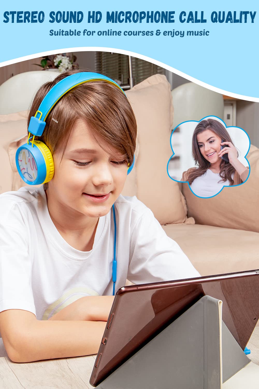 New bee Kids Headphones for School with Microphone KH20 HD Stereo Safe Volume Limited 85dB/94dB Foldable Lightweight On-Ear Headphone for PC/Mac/Android/Kindle/Tablet/Pad(Blue)