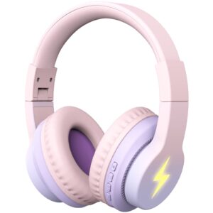 Kids Bluetooth Headphones, Colorful Wireless Over Ear Headset with LED Lights, Built-in Mic, 45H Playtime, 85dB/94dB Volume Limited Headphones for Boys Girls iPad Tablet School Airplane Pink Purple