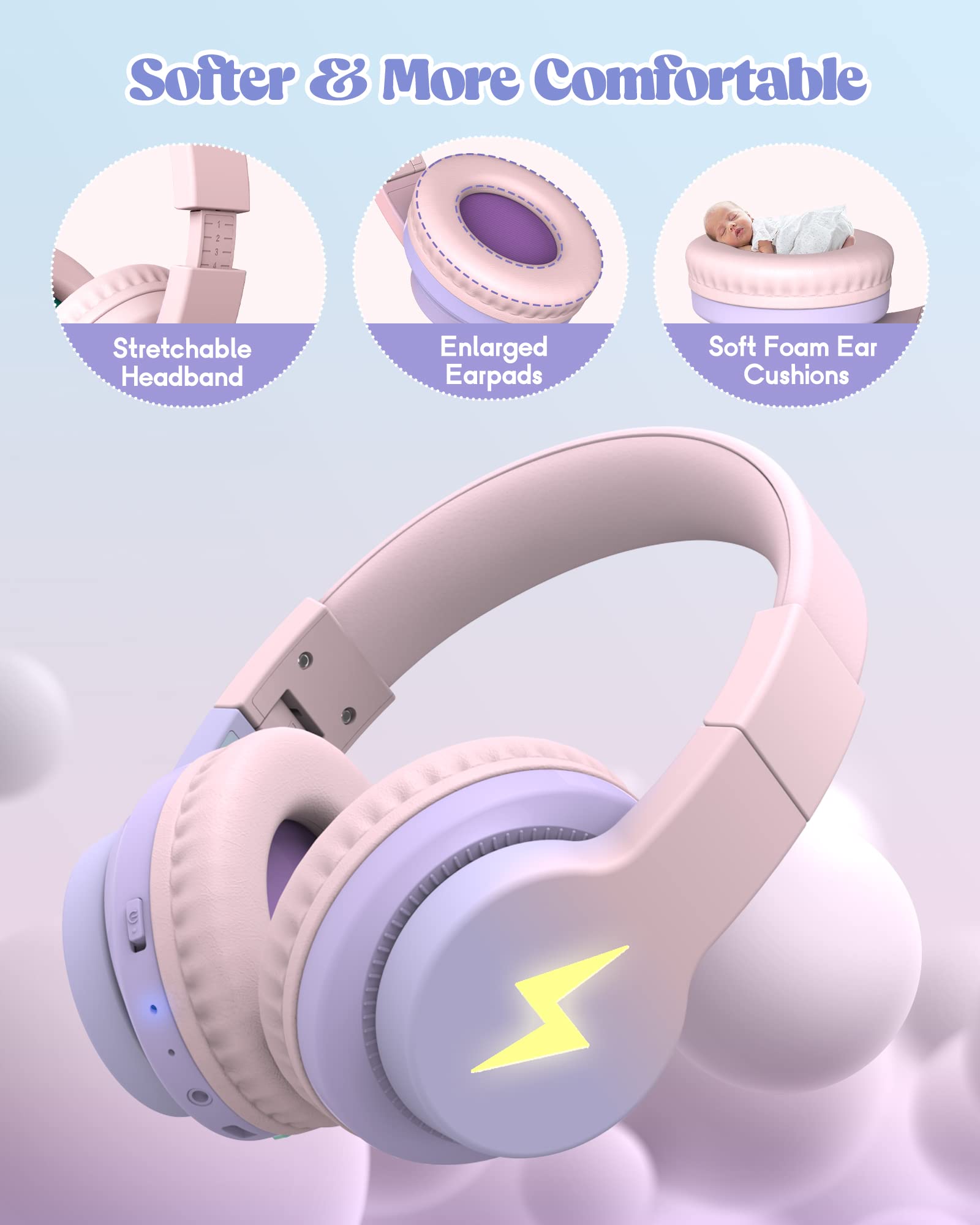 Kids Bluetooth Headphones, Colorful Wireless Over Ear Headset with LED Lights, Built-in Mic, 45H Playtime, 85dB/94dB Volume Limited Headphones for Boys Girls iPad Tablet School Airplane Pink Purple