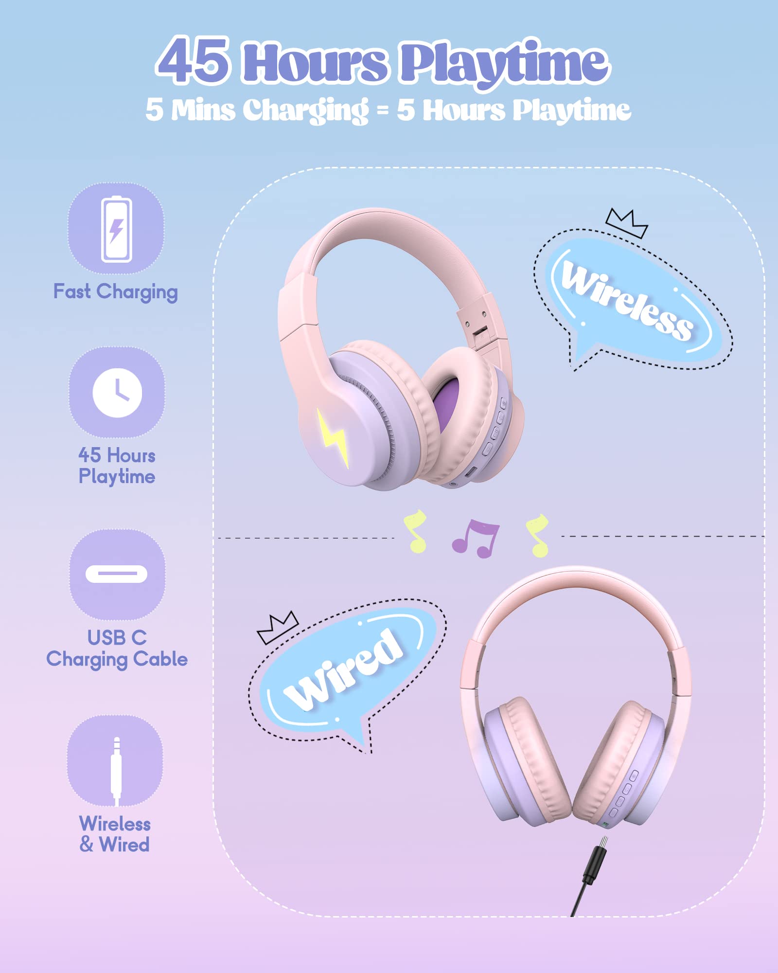 Kids Bluetooth Headphones, Colorful Wireless Over Ear Headset with LED Lights, Built-in Mic, 45H Playtime, 85dB/94dB Volume Limited Headphones for Boys Girls iPad Tablet School Airplane Pink Purple