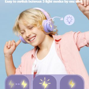 Kids Bluetooth Headphones, Colorful Wireless Over Ear Headset with LED Lights, Built-in Mic, 45H Playtime, 85dB/94dB Volume Limited Headphones for Boys Girls iPad Tablet School Airplane Pink Purple