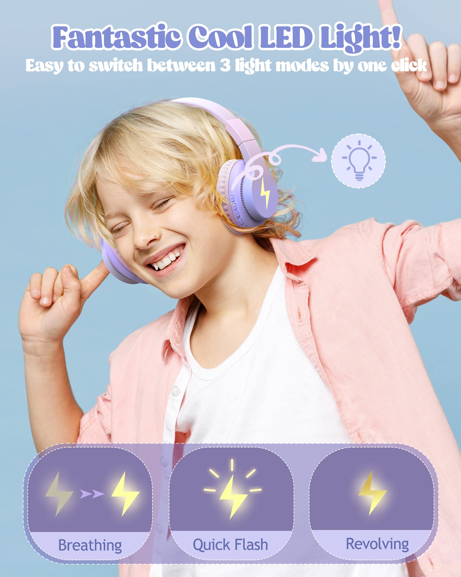 Kids Bluetooth Headphones, Colorful Wireless Over Ear Headset with LED Lights, Built-in Mic, 45H Playtime, 85dB/94dB Volume Limited Headphones for Boys Girls iPad Tablet School Airplane Pink Purple