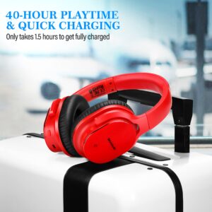 Wotdehi Active Noise Cancelling Headphones, Deep Bass Wireless Headphone, Noise Reduction Headsets with Voice Assistant, Memory Protein Earpads 40 Hours Playtime for Travel/Home/Office-Red