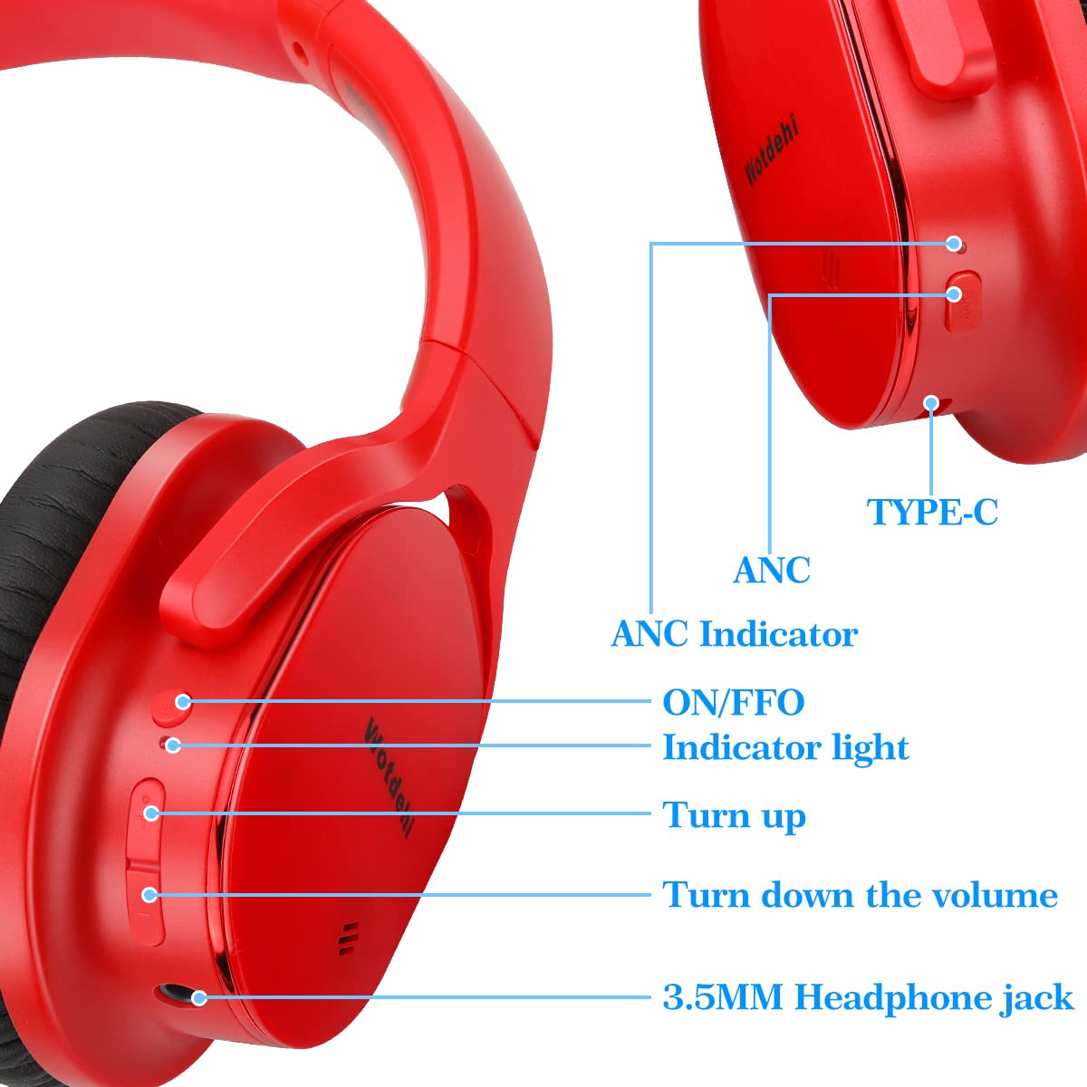 Wotdehi Active Noise Cancelling Headphones, Deep Bass Wireless Headphone, Noise Reduction Headsets with Voice Assistant, Memory Protein Earpads 40 Hours Playtime for Travel/Home/Office-Red