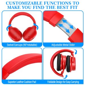 Wotdehi Active Noise Cancelling Headphones, Deep Bass Wireless Headphone, Noise Reduction Headsets with Voice Assistant, Memory Protein Earpads 40 Hours Playtime for Travel/Home/Office-Red