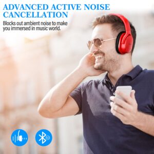 Wotdehi Active Noise Cancelling Headphones, Deep Bass Wireless Headphone, Noise Reduction Headsets with Voice Assistant, Memory Protein Earpads 40 Hours Playtime for Travel/Home/Office-Red