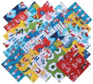 robert kaufman original dr. seuss favorites precut 6.5-inch cotton fabric quilting squares charm pack assortment