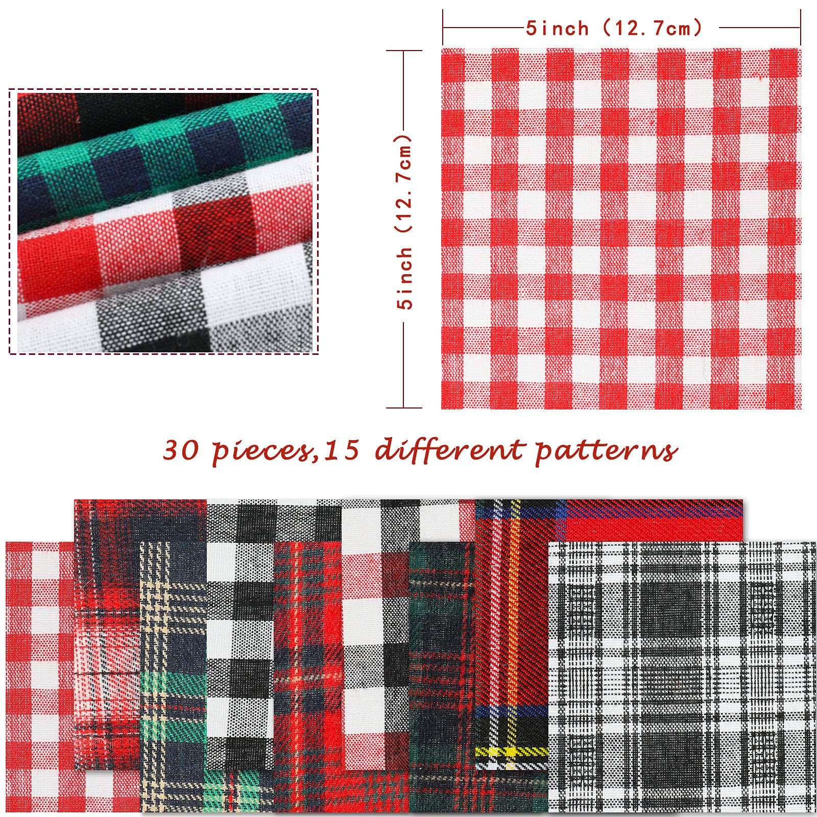 Whaline 30Pcs Christmas Plaid Fabric Squares Buffalo Check Cotton Fabric Squares Red Green Black White Quilting Fabric Patchwork 15 Design Precut Quilt Charm Squares for DIY Art Craft Sewing, 5 x 5"