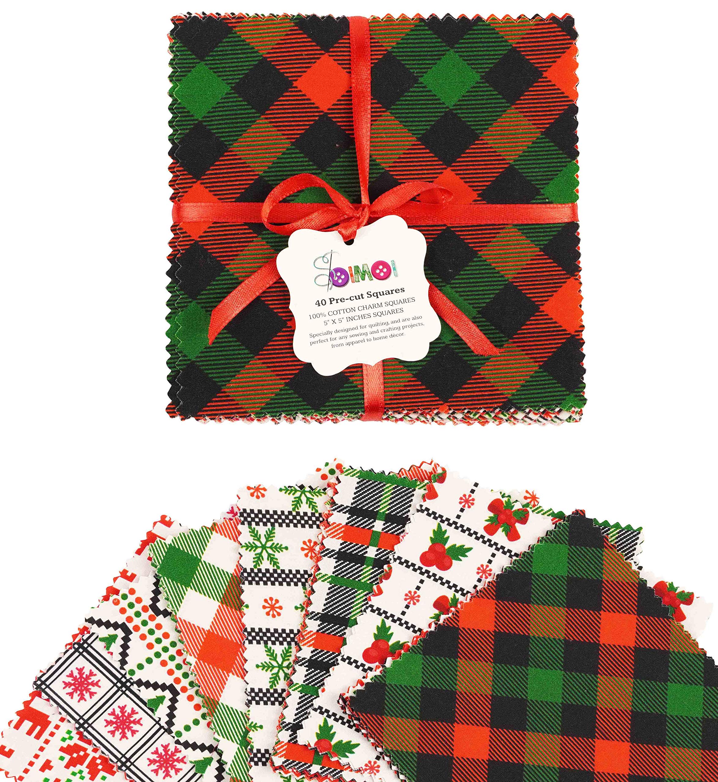 Soimoi Christmas Theme Print Precut 5-inch Cotton Fabric Quilting Squares Charm Pack DIY Patchwork Sewing Craft