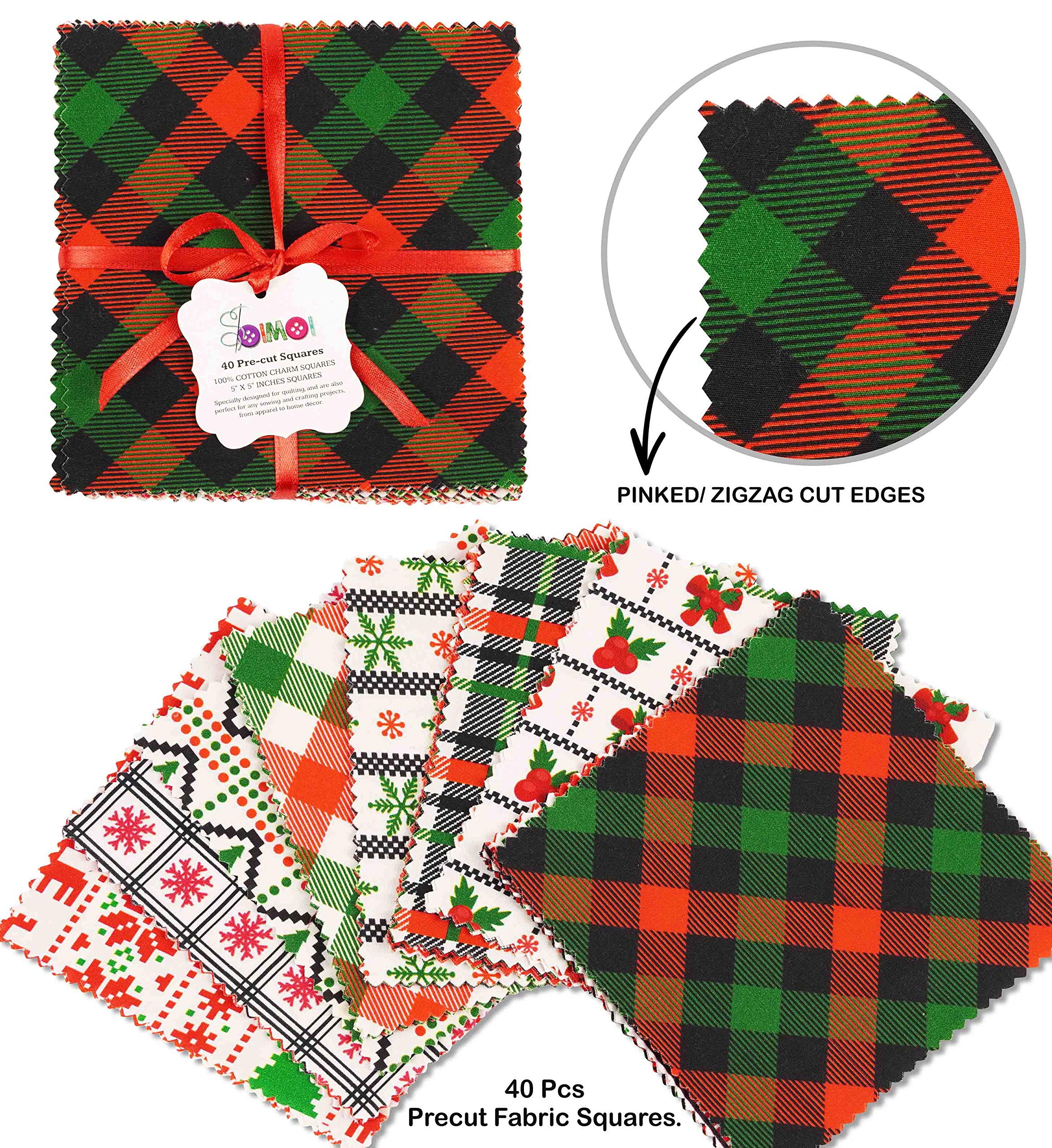 Soimoi Christmas Theme Print Precut 5-inch Cotton Fabric Quilting Squares Charm Pack DIY Patchwork Sewing Craft