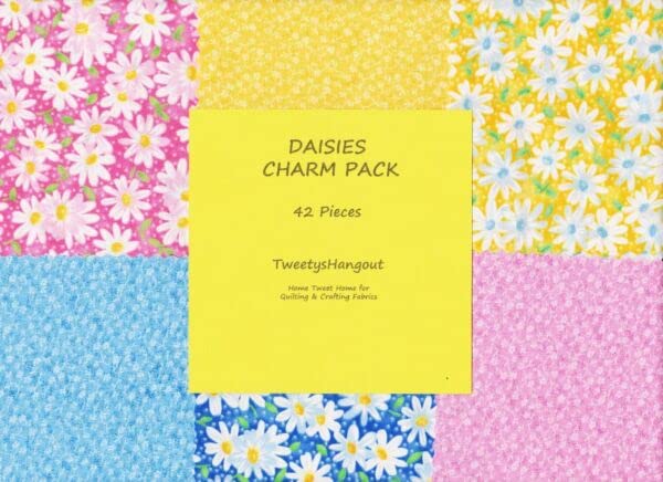 FlashPhoenix Quality Sewing Fabric – Yellow Pink, Blue Daisies 100% Cotton Quilt Fabric; Charm Pack 42 Pieces/Pack 5 x 5