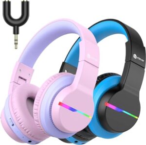 iclever bth12 kids bluetooth headphones 2 pack,colorful led lights wireless kids headphones,74/85/94db volume limited,55h playtime,bluetooth 5.2,over ear headphones for ipad/tablet/traveling