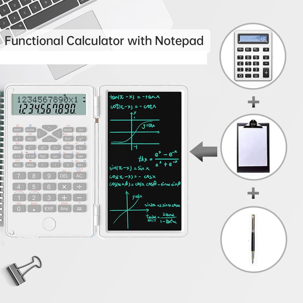 2 in 1 Scientific Calculator with Writing Tablet, Desktop Pocket LCD Science Calculator Notepad Professional Financial Calculator for Home School Office Business(White)