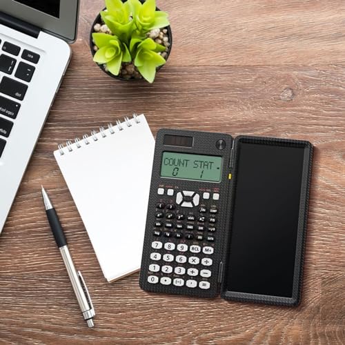 Scientific Calculator with Writing Table, 2 in 1 Desktop Pocket LCD Science Calculator Notepad Professional Financial Calculator for Home School Office Business, Solar & Battery Powered (Black)