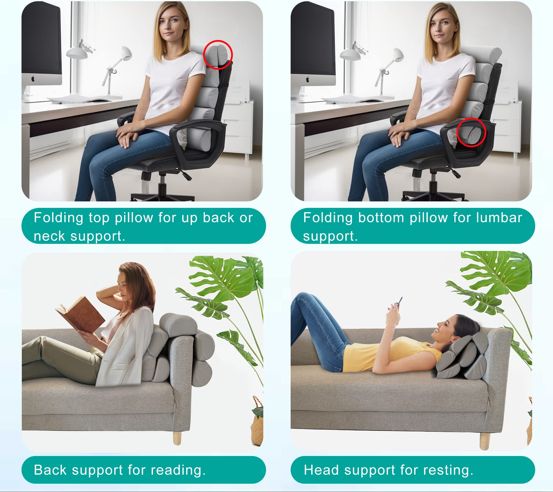 GIVANLEE Back Support Pillow for Office Chair,Computer/Desk Chair/Couch,Lumbar Support Pillow Adjustable for Chair,Patented 6-fold semi-circular Back Cushion Hanging on Office Chair,Soft